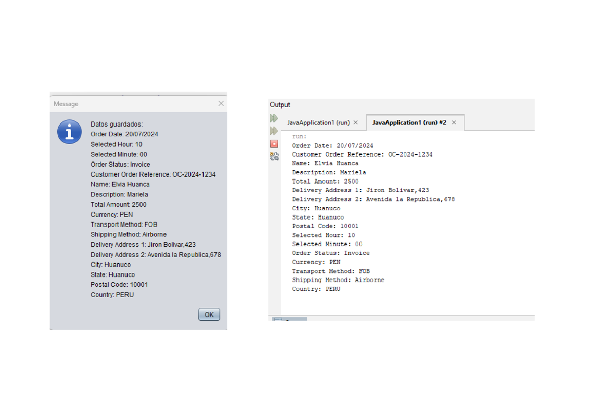SALES ORDER JAVA - Message Output Datos guardados: JavaApplication1 (run) x JavaApplication1 ...