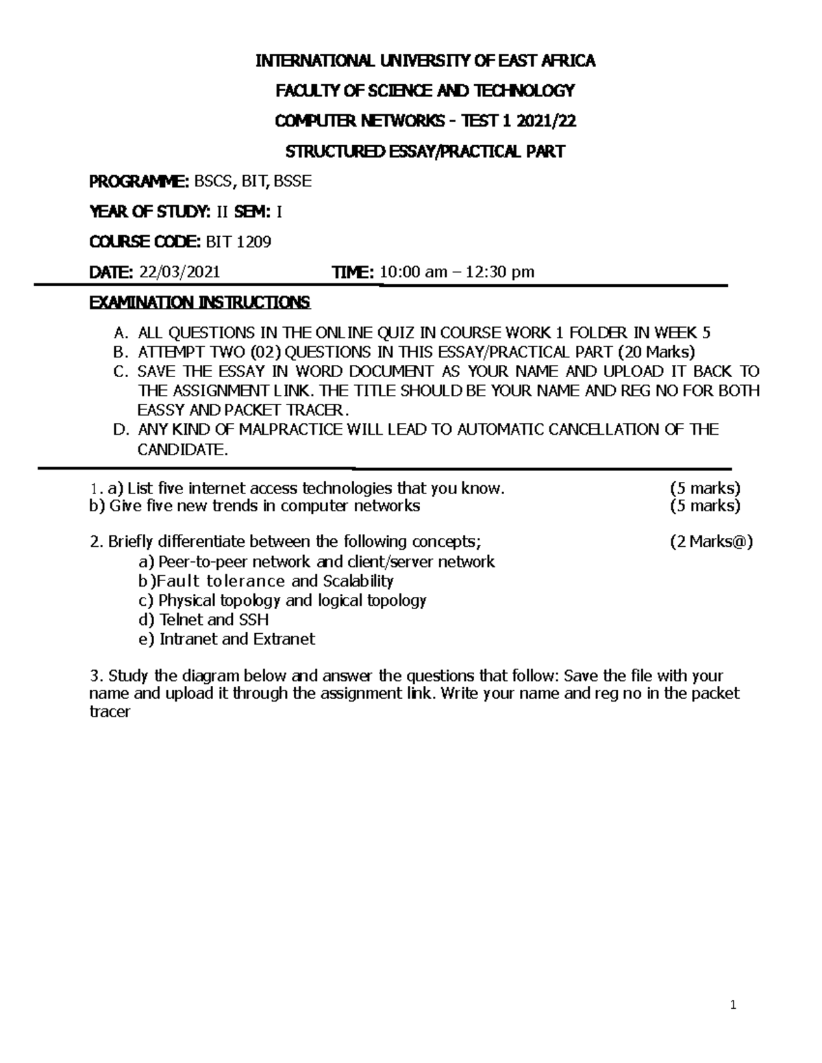 Computer networks test1 - Mar 2022 - 1 INTERNATIONAL UNIVERSITY OF EAST ...