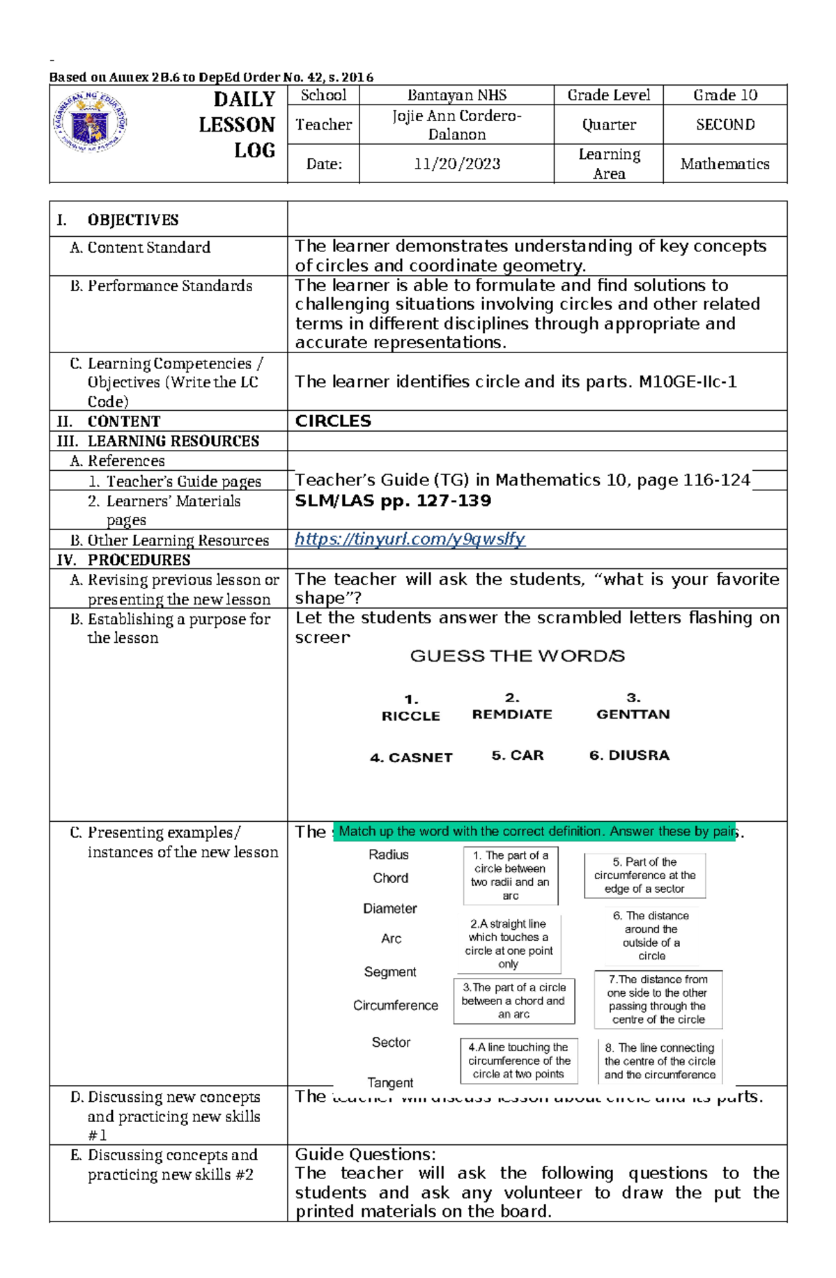 Second COT Plan - Sample of Classroom Observation Lesson Plan. - Based on Annex 2B to DepEd ...