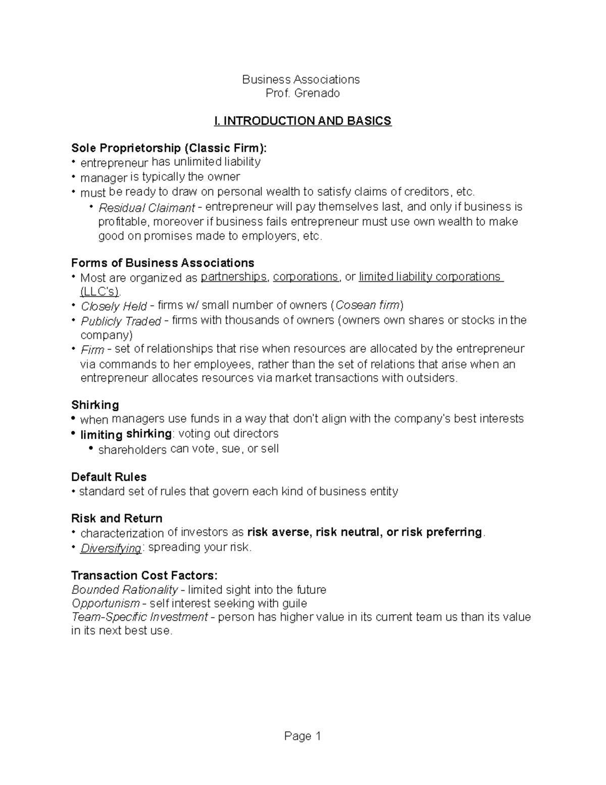 BA Outline 2013 Grenardo - Business Associations Prof. Grenado I ...