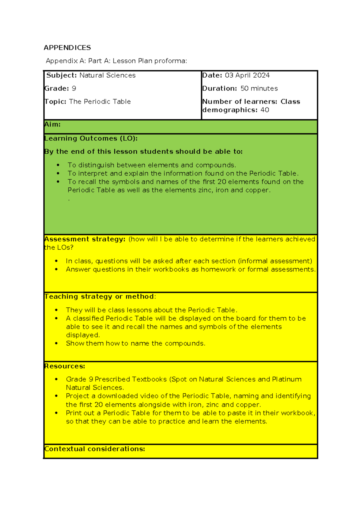 Lesson Plan Part A & B Teaching Practice TP7011 - APPENDICES Appendix A: Part A: Lesson Plan ...