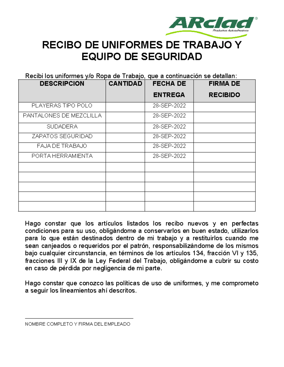 Formato recibo de uniformes - RECIBO DE UNIFORMES DE TRABAJO Y EQUIPO ...