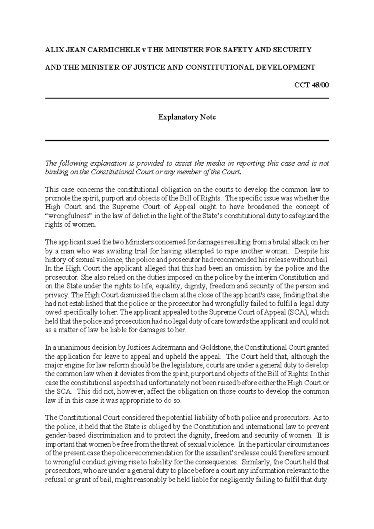 Carmichael case summary - ALIX JEAN CARMICHELE v THE MINISTER FOR ...