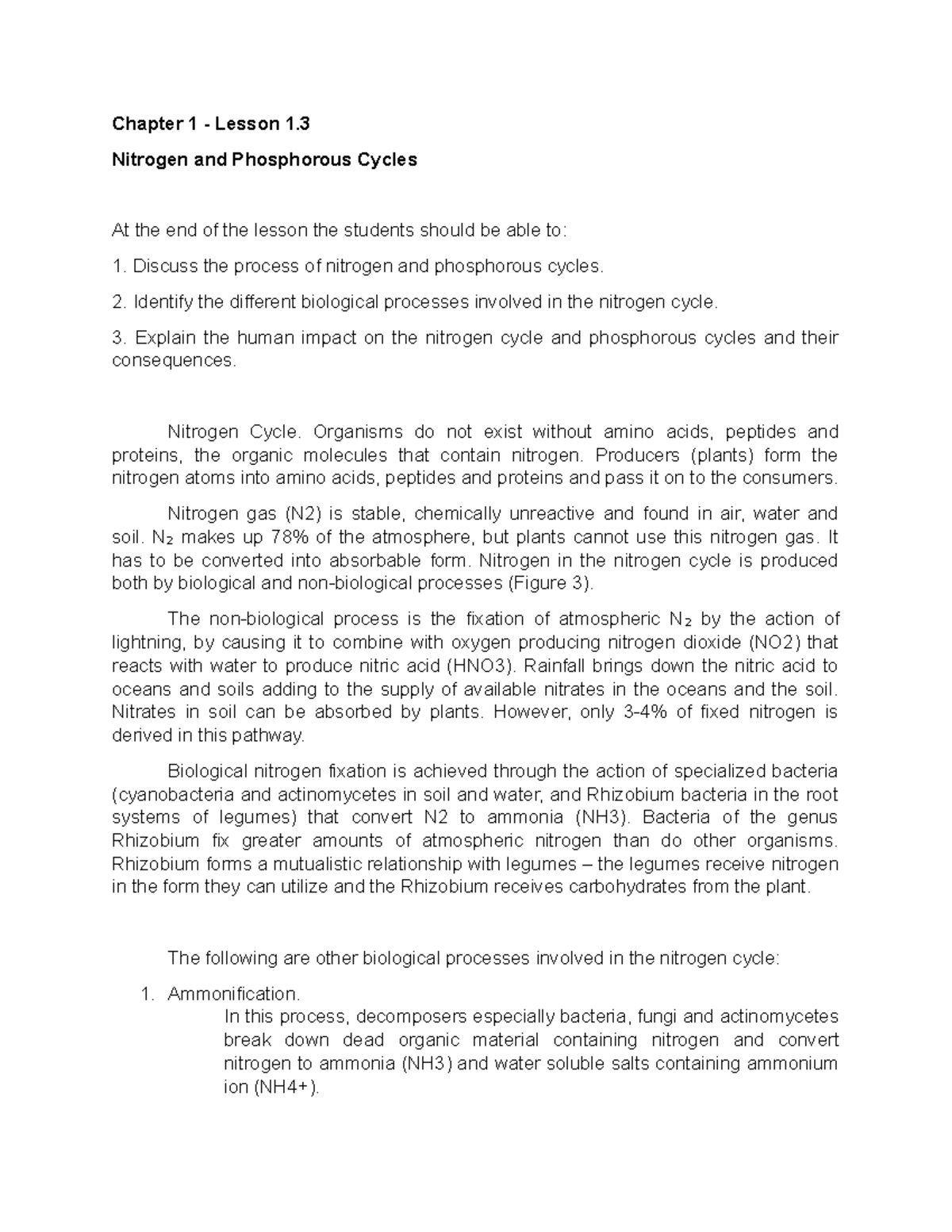 Nitrogen and Phosphorous Cycles - Chapter 1 - Lesson 1. Nitrogen and ...
