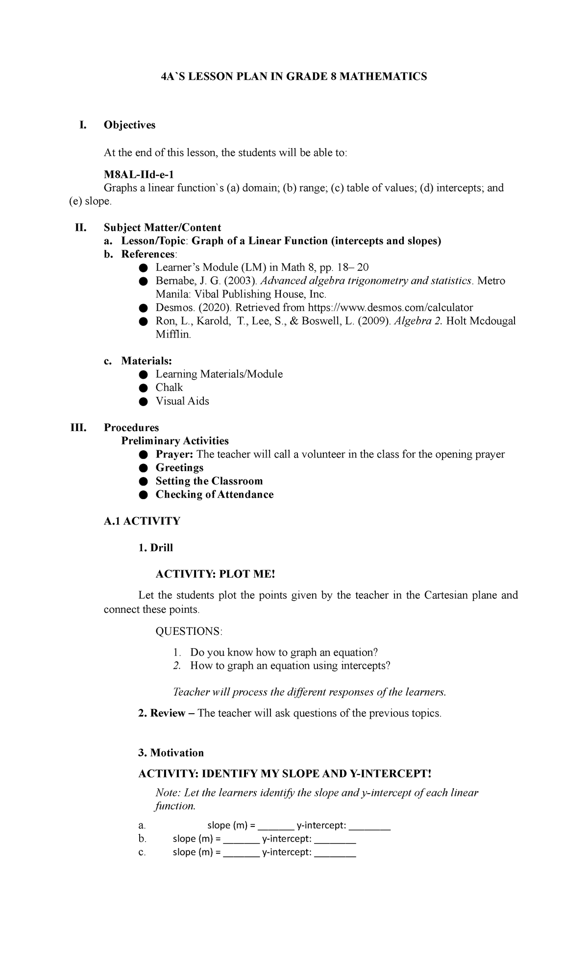 LESSON PLAN 8- Graphing the given intercepts - 4A`S LESSON PLAN IN ...
