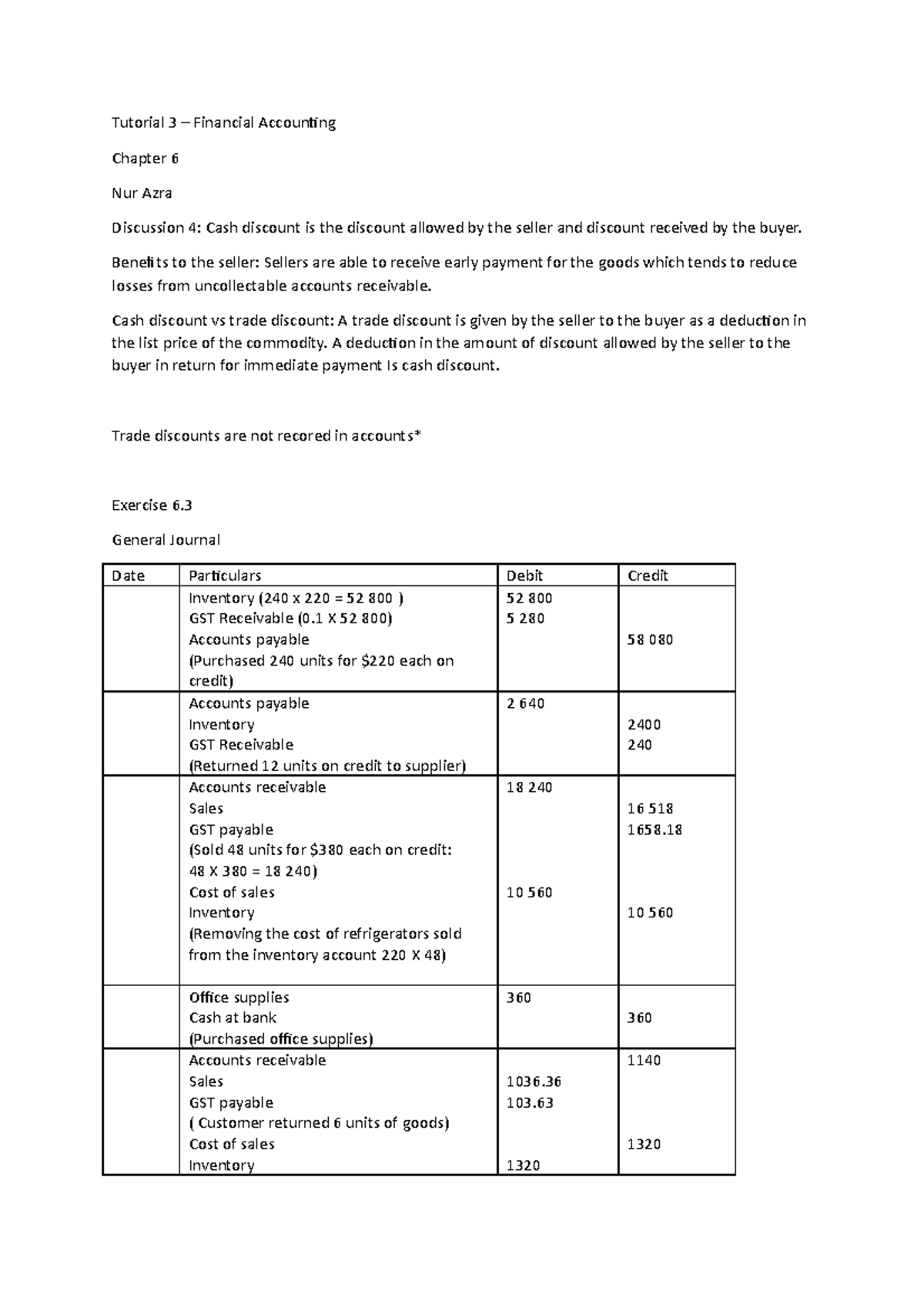 Tutorial 3 - Students solutions - Tutorial 3 – Financial Accounting ...