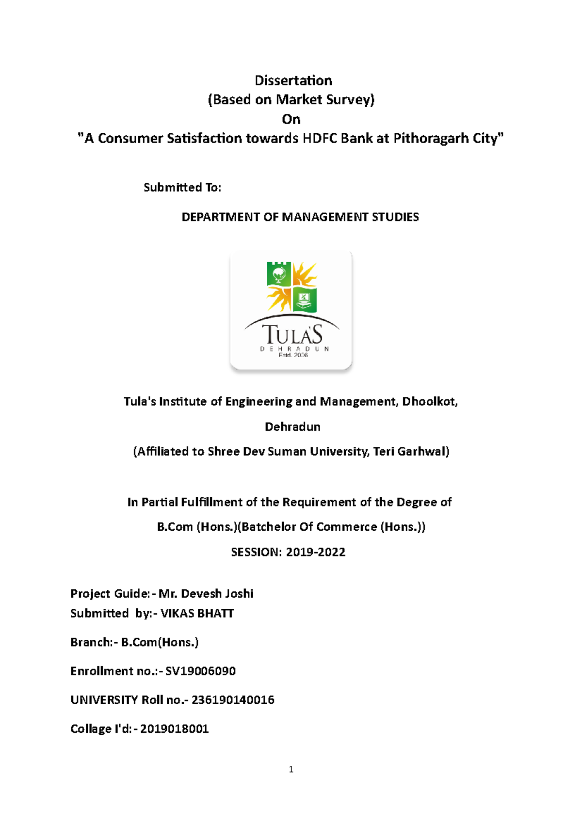 Vikas bhatt project report main - Dissertation (Based on Market Survey ...