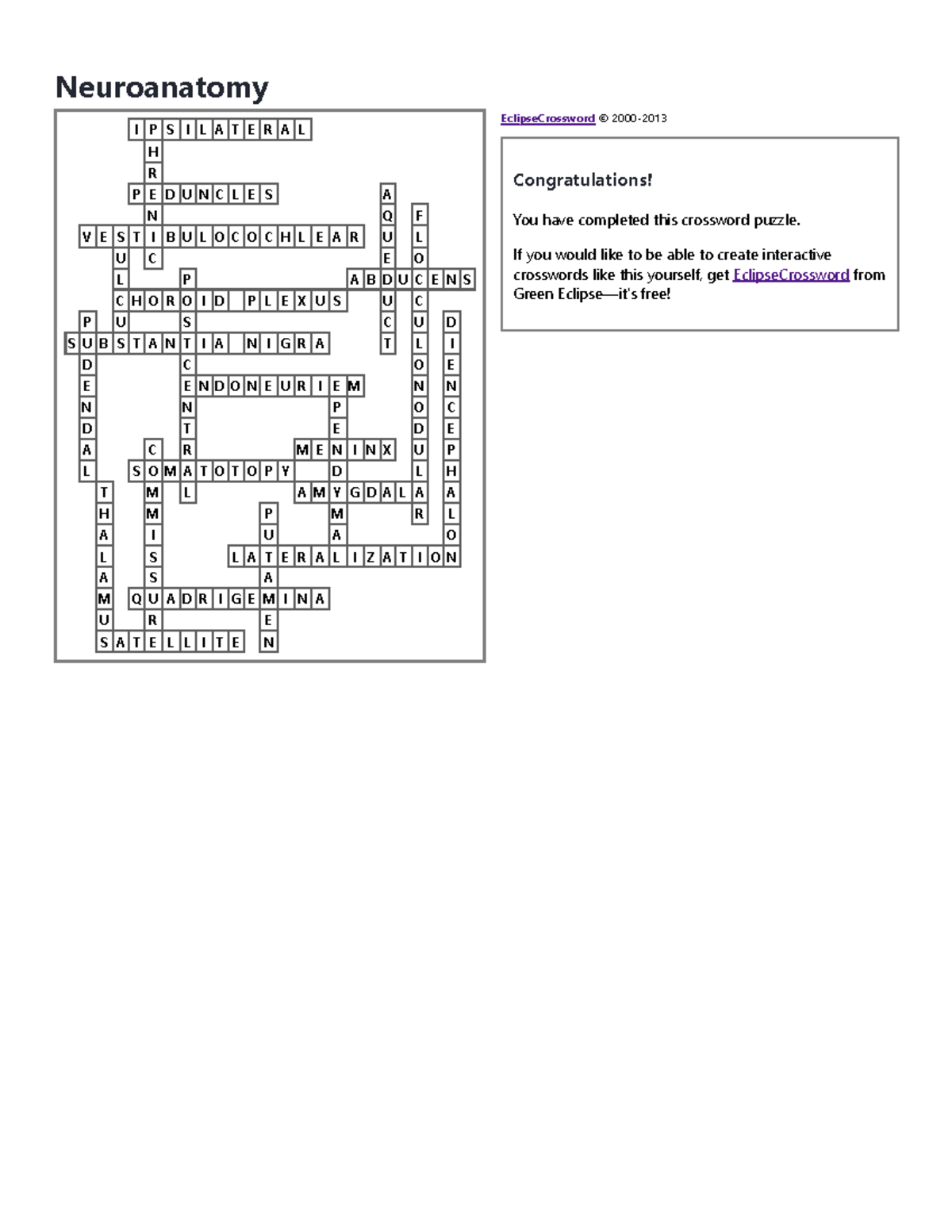 Neuroanatomy - neuro anatomy cross puzzle - Neuroanatomy I P S I L A T ...