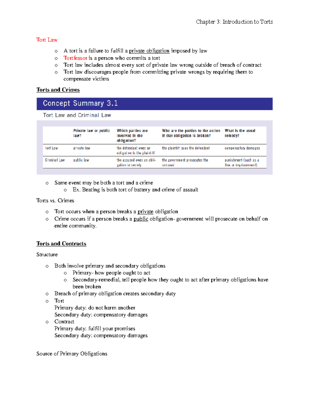 LAW122 - Week 2 Chapter 3 - Tort Law o A tort is a failure to fulfill a ...