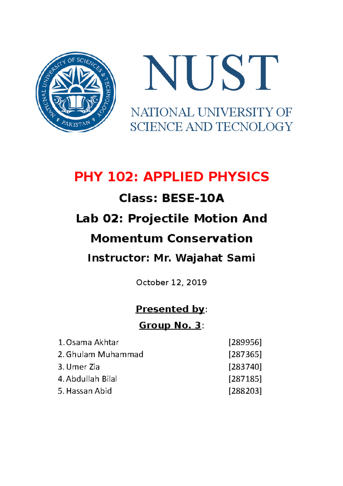 Applied Phy Lab report 4 - NATIONAL UNIVERSITY OF SCIENCE AND TECNOLOGY PHY 102: APPLIED PHYSICS ...