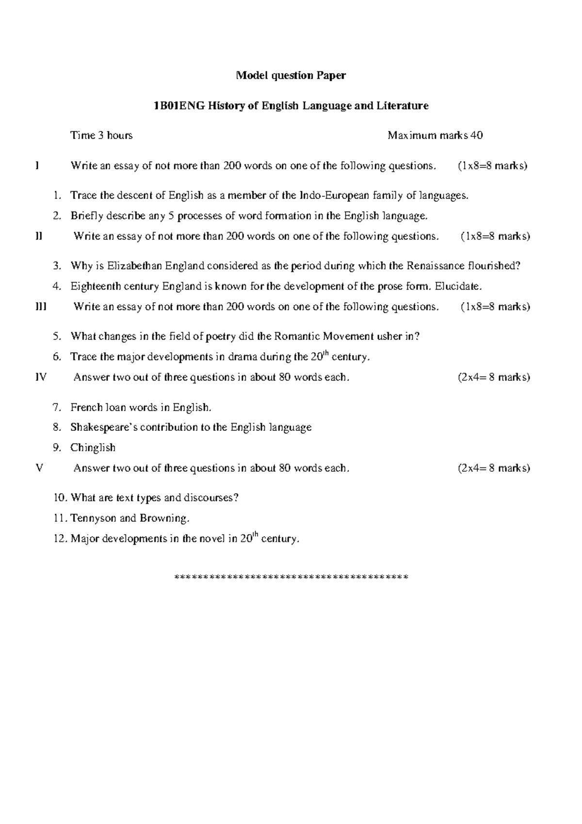Model question paper - Model question Paper 1B01ENG History of English ...