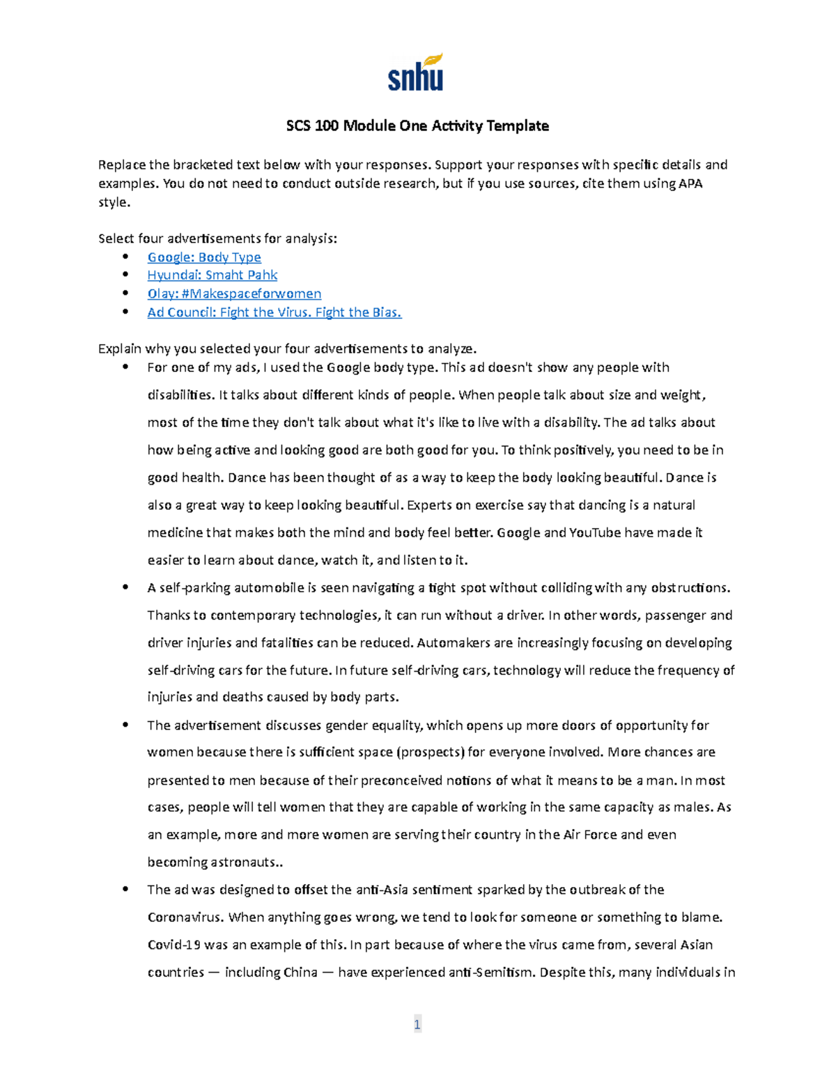 SCS 100 Module One Activity - Support your responses with specific ...