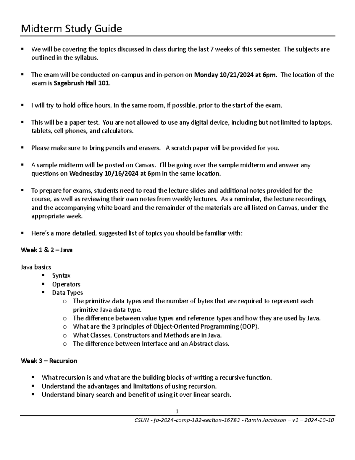 Midterm - Study Guide - 5555 - 1 CSUN - fa- 2024 - comp- 182 - section- 16783 - Ramin Jacobson ...