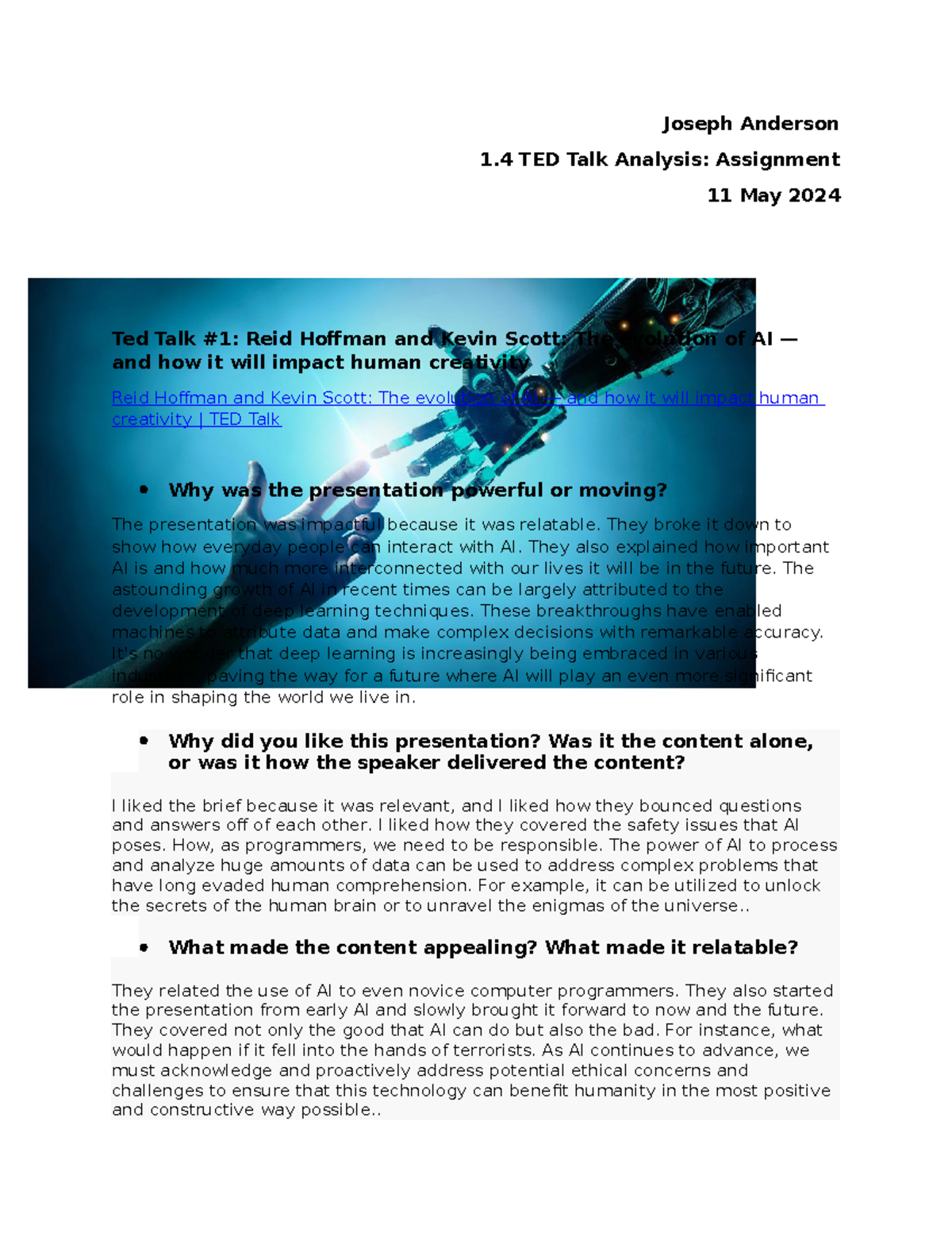 Joseph Anderson Week 1 - Joseph Anderson 1 TED Talk Analysis ...