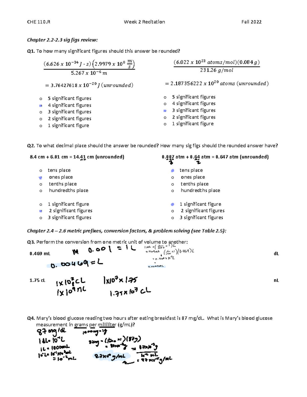 Week 2 recitation handout F22 pdf - CHE 110 Week 2 Recitation Fall 2022 Chapter 2.2-2 sig figs ...
