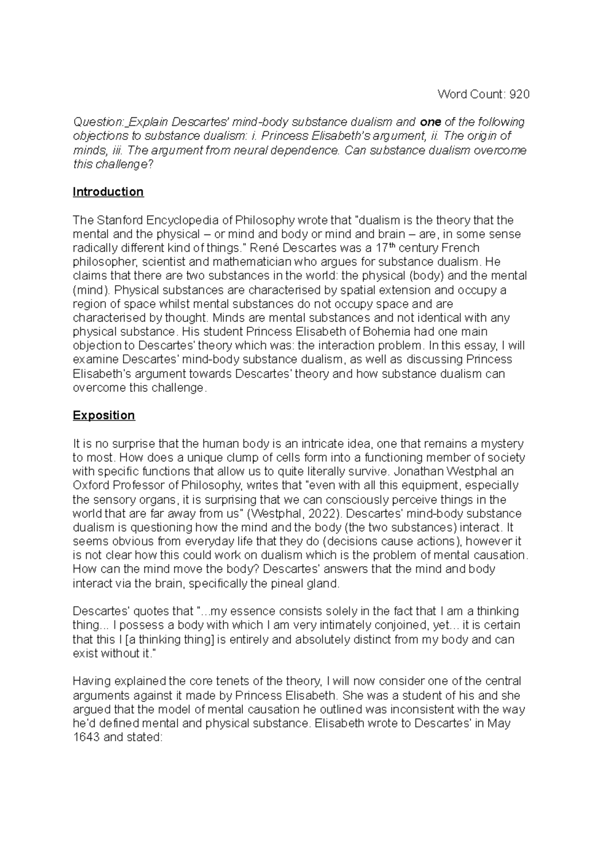 Philosophy essay - Word Count: 920 Question: Explain Descartes’ mind ...