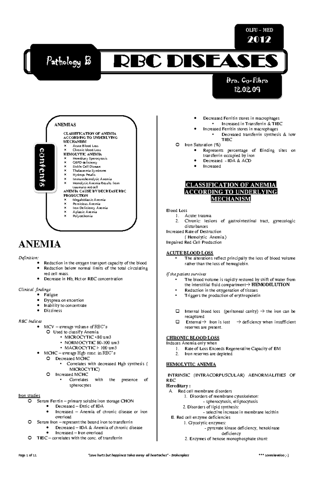 RBC diseases - Lecture notes 1 - ANEMIA Definition: Reduction in the ...
