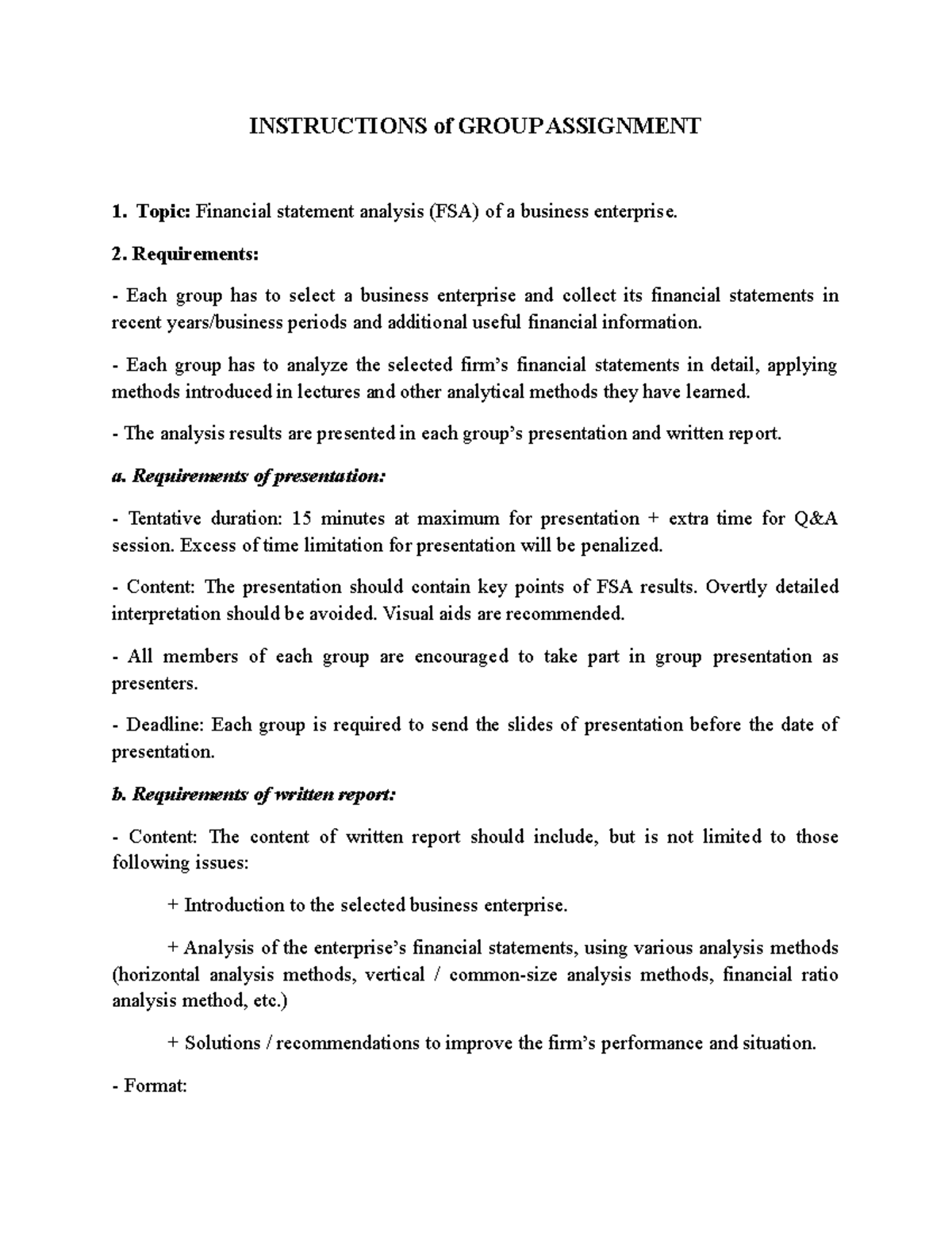 Group assignment instructions - INSTRUCTIONS of GROUP ASSIGNMENT Topic: Financial statement ...