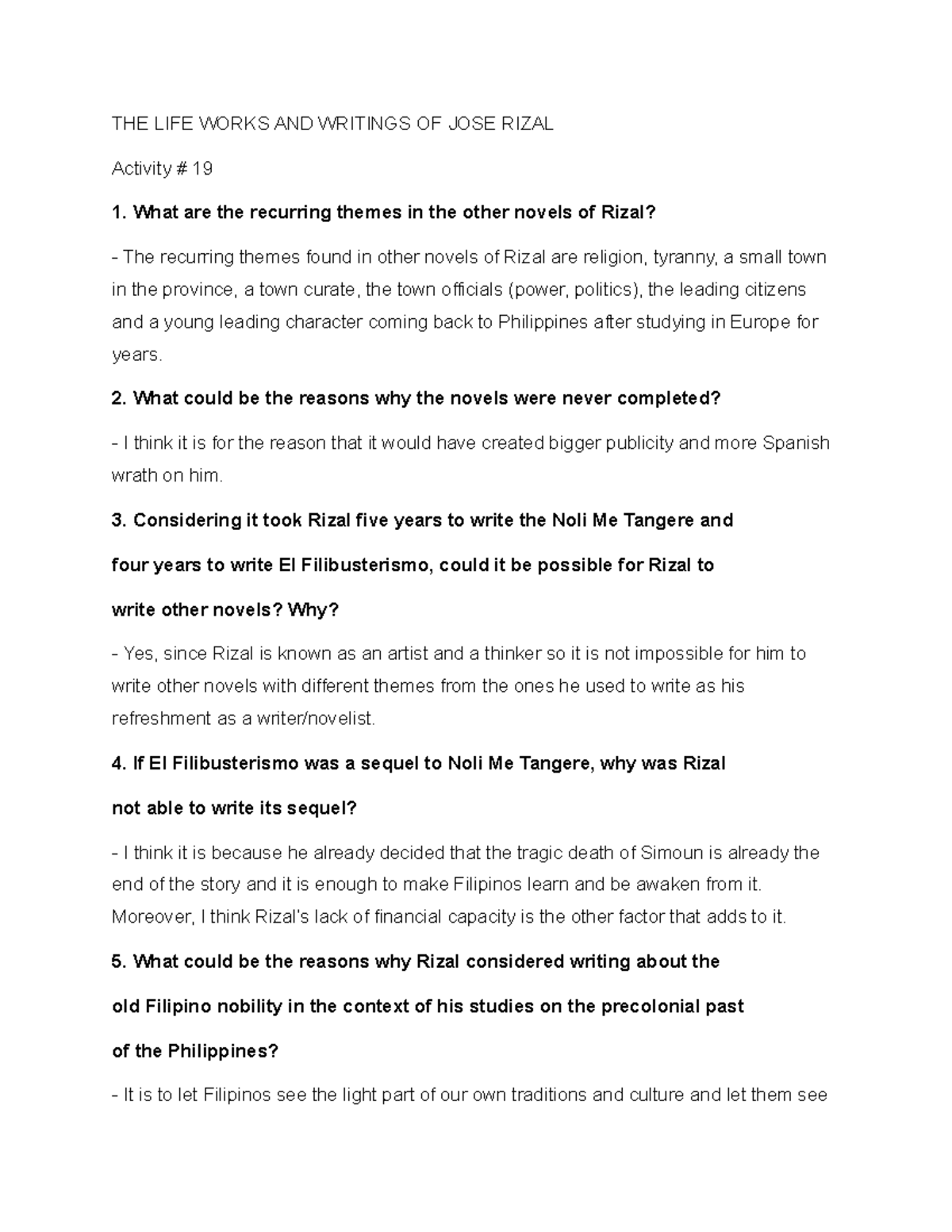 R19 - R19 RIZAL - THE LIFE WORKS AND WRITINGS OF JOSE RIZAL Activity ...