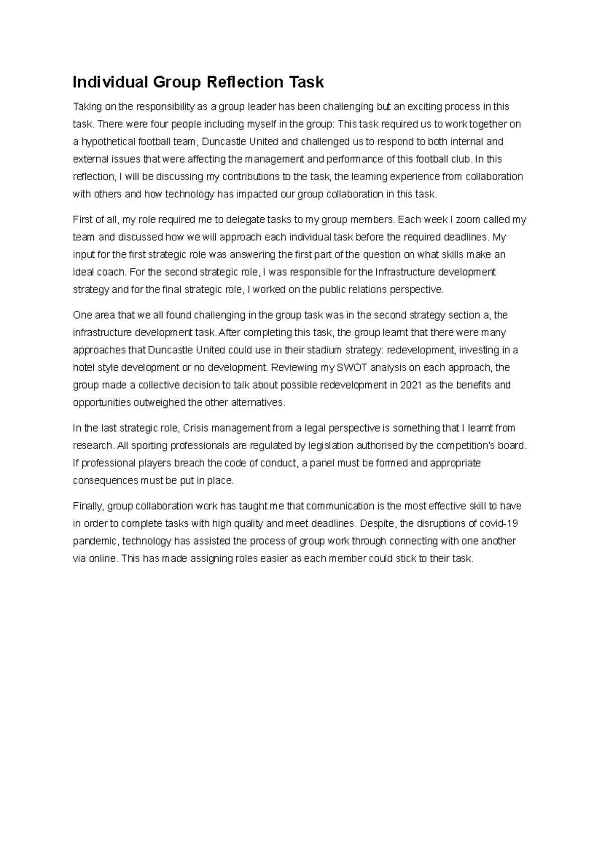 Individual Group Reflection Task - There were four people including ...