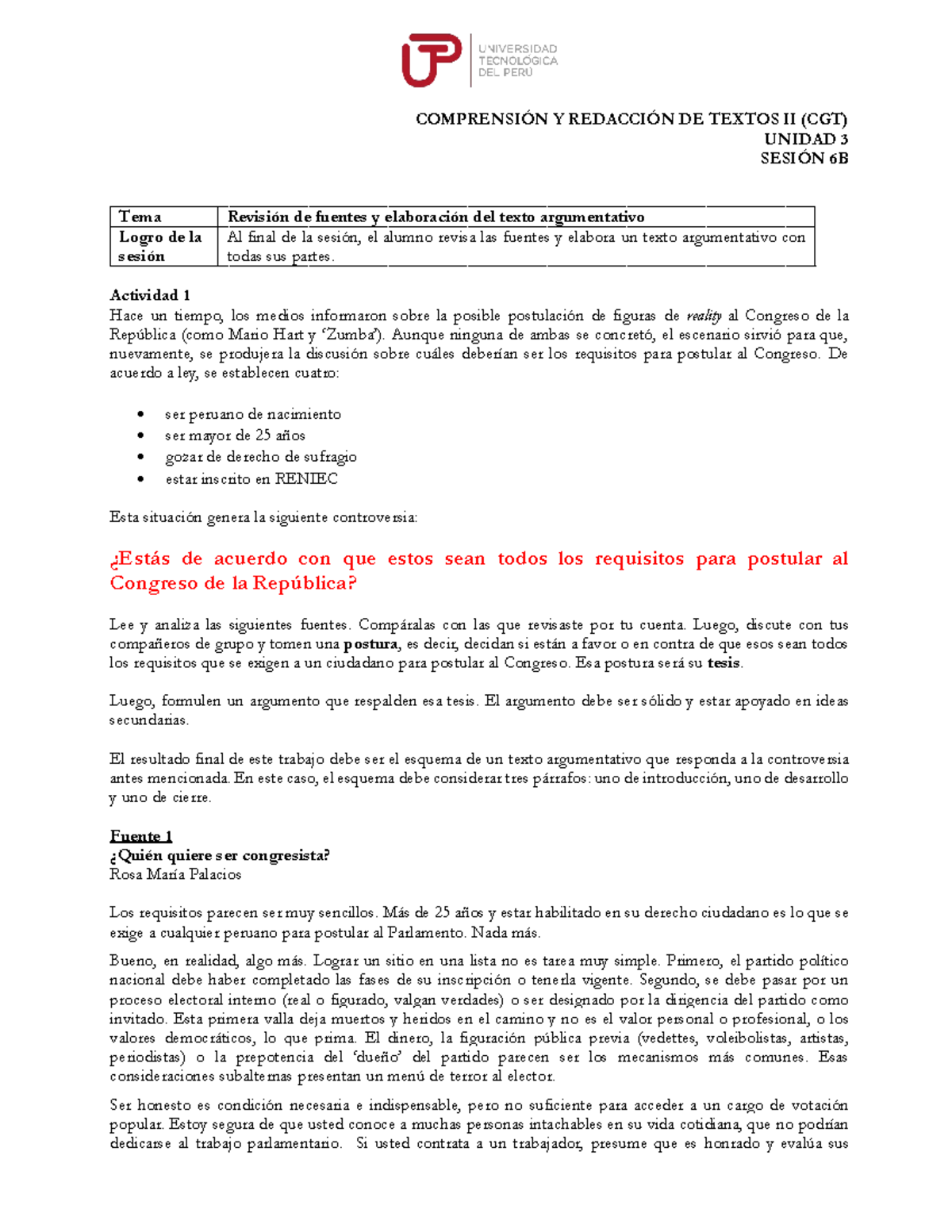 U3 S6 Texto argumentativo (requisitos Congreso) B (1) Junio 2022 - COMPRENSI”N Y REDACCI”N DE ...