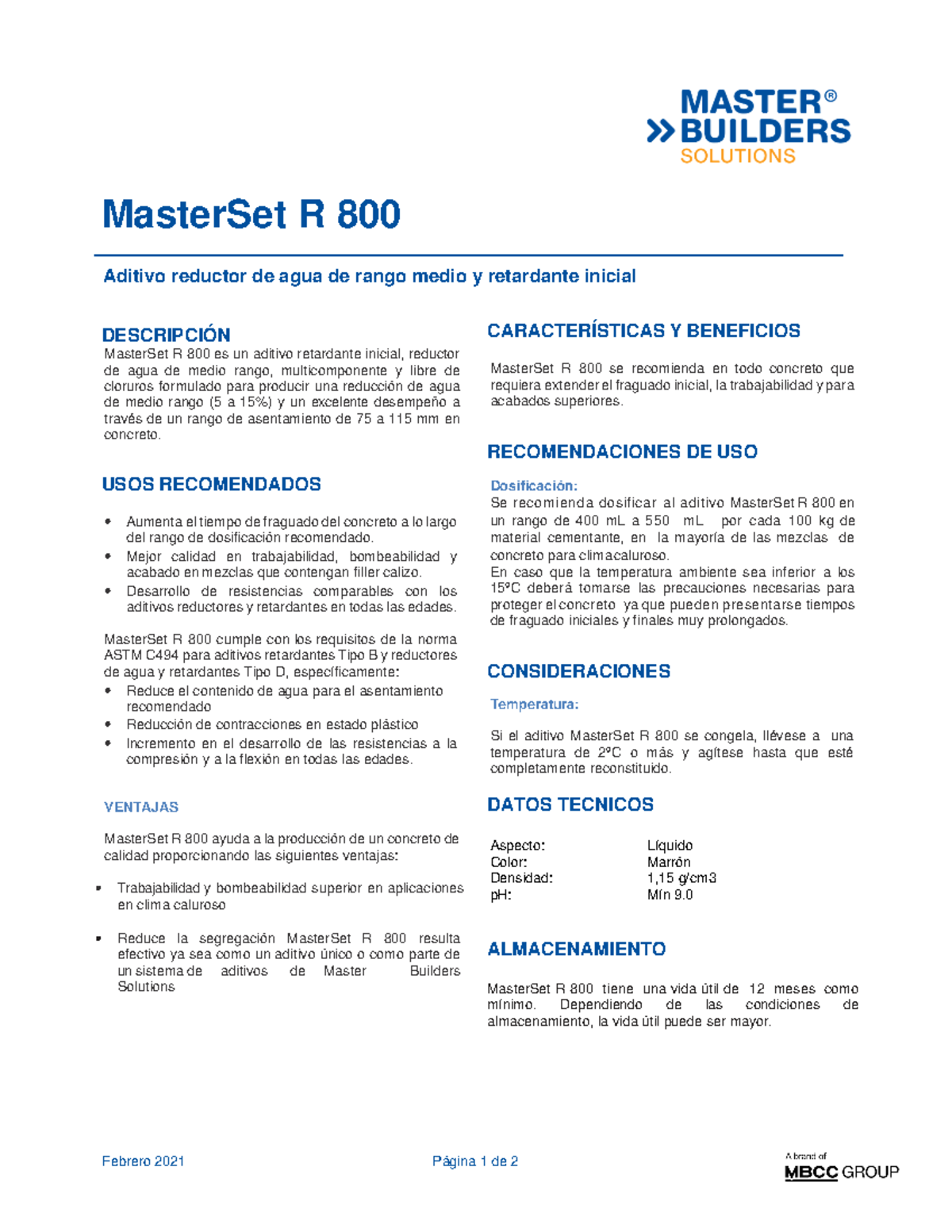 Masterset r 800 - Aditivo tipo - MasterSet R 800 Febrero 2021 Página 1 ...