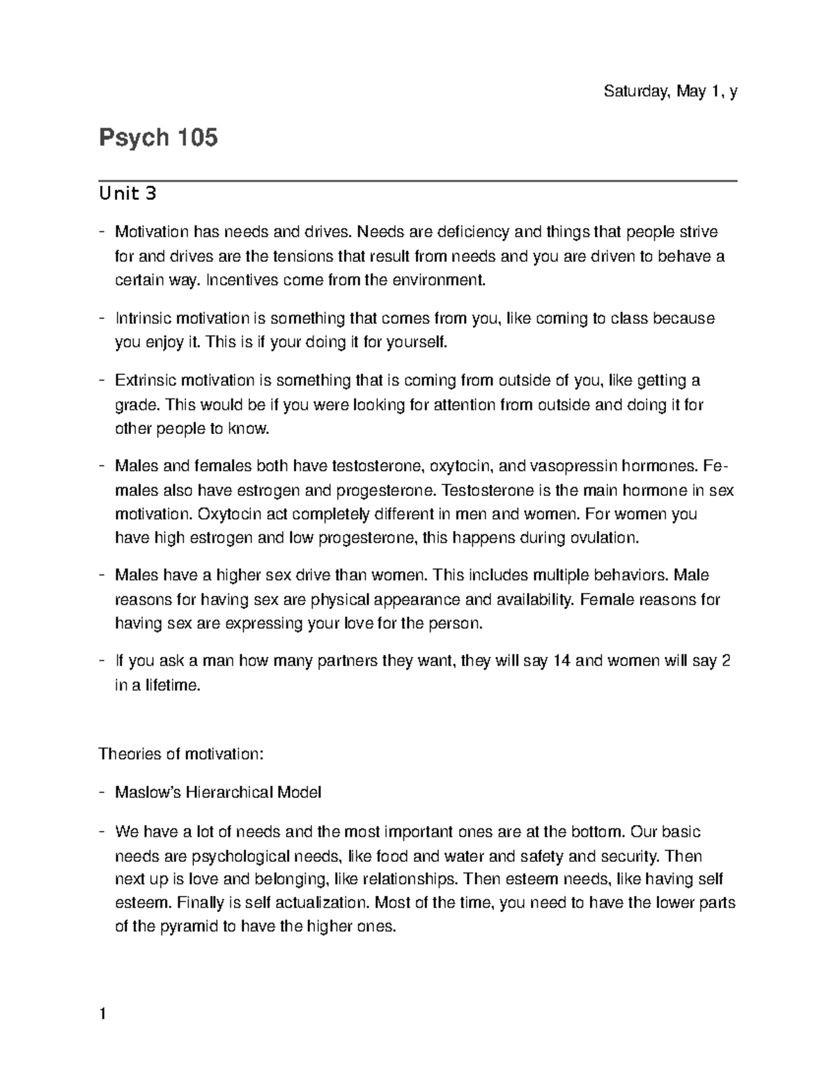 Unit 3 Psych Notes - Psych 105 Unit 3 - Motivation has needs and drives ...