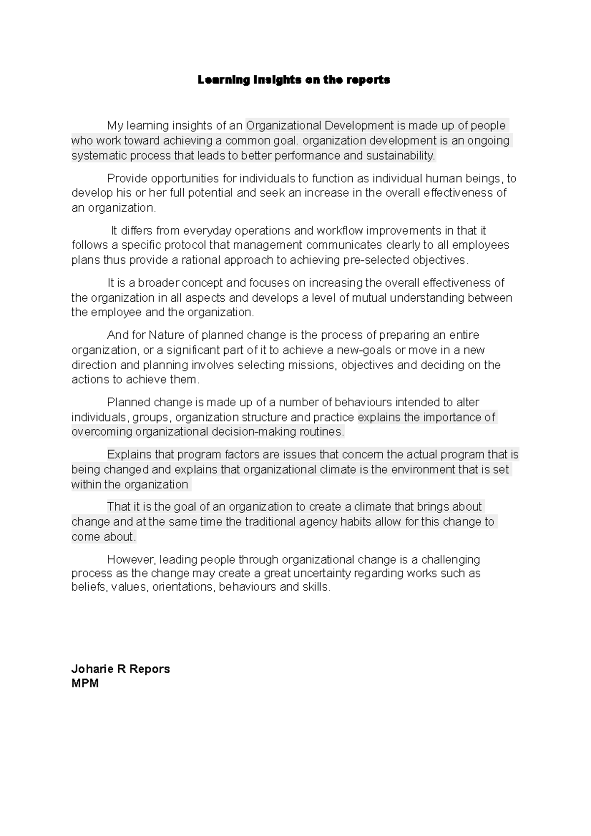 Learning Insights on the reports - organization development is an ...