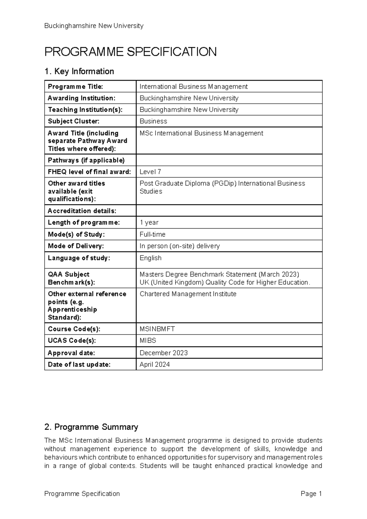 MSc International Business Management Programme Specification ...