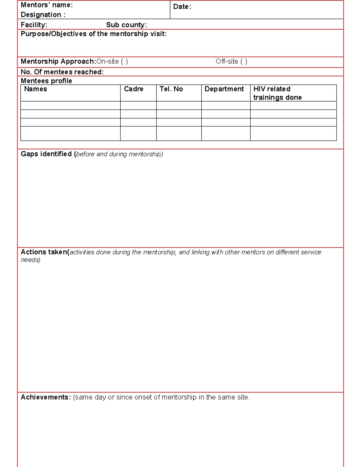 Mentorship Report Template - Nursing - Mentors’ name: Designation ...