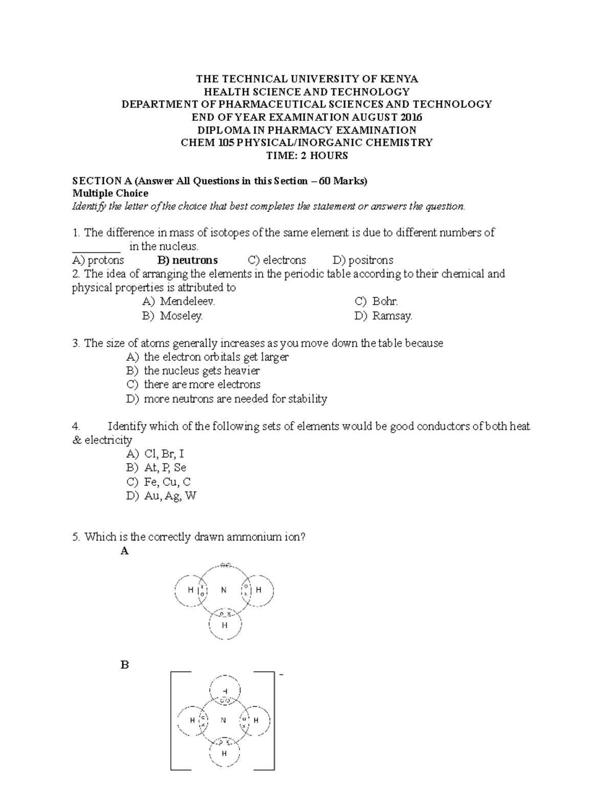 Pharmacy End Year Exam 2016 - THE TECHNICAL UNIVERSITY OF KENYA HEALTH ...