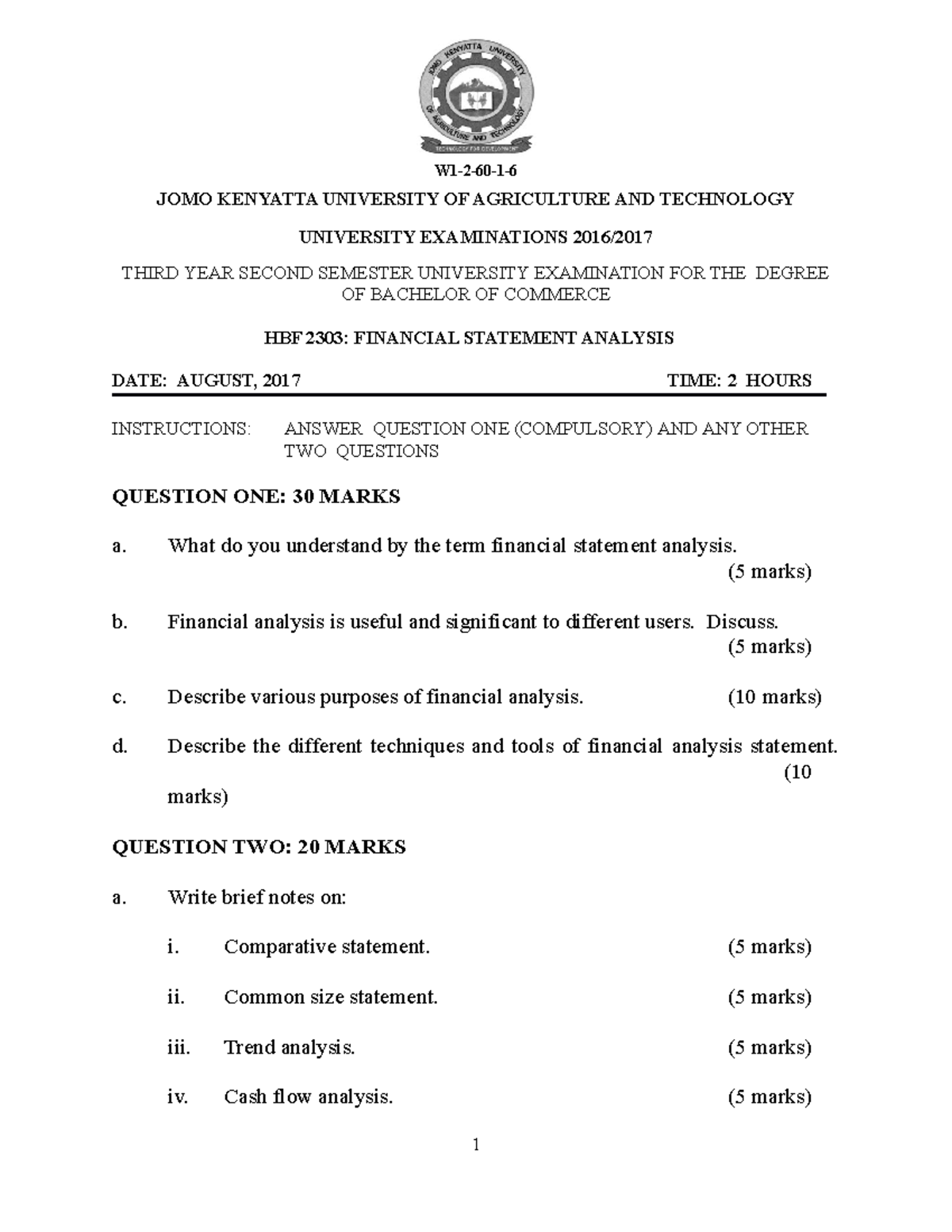 HBF 230 Financial Statement Analysis - Bachelor of Commerce - JKUAT ...
