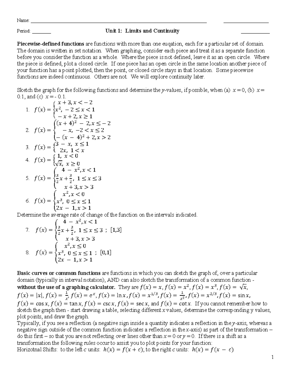AP Calculus BC Unit 1 Practice - Name: - Studocu