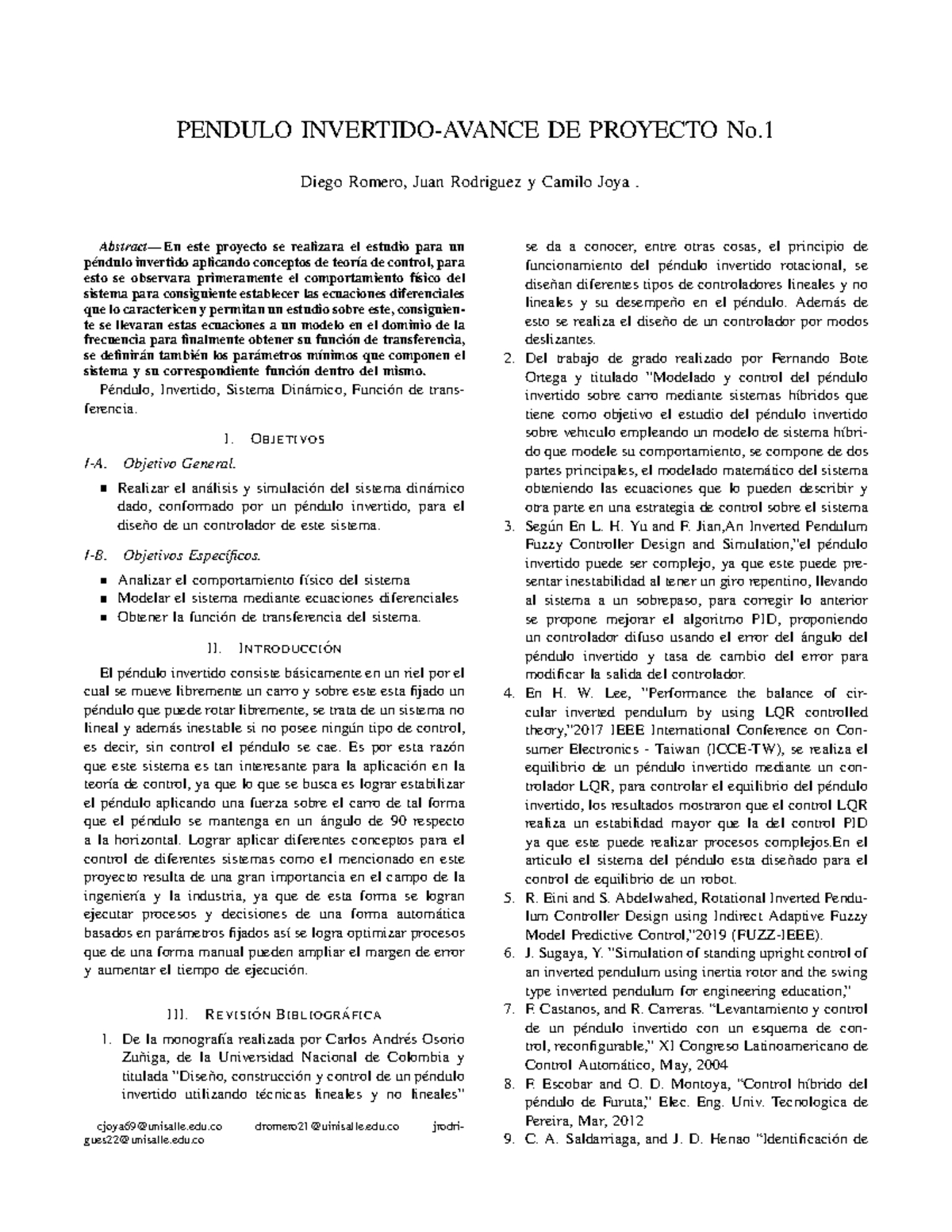 Pendulo Invertido Avance 1 variables de estado - Teoría de control - Unisalle - Studocu