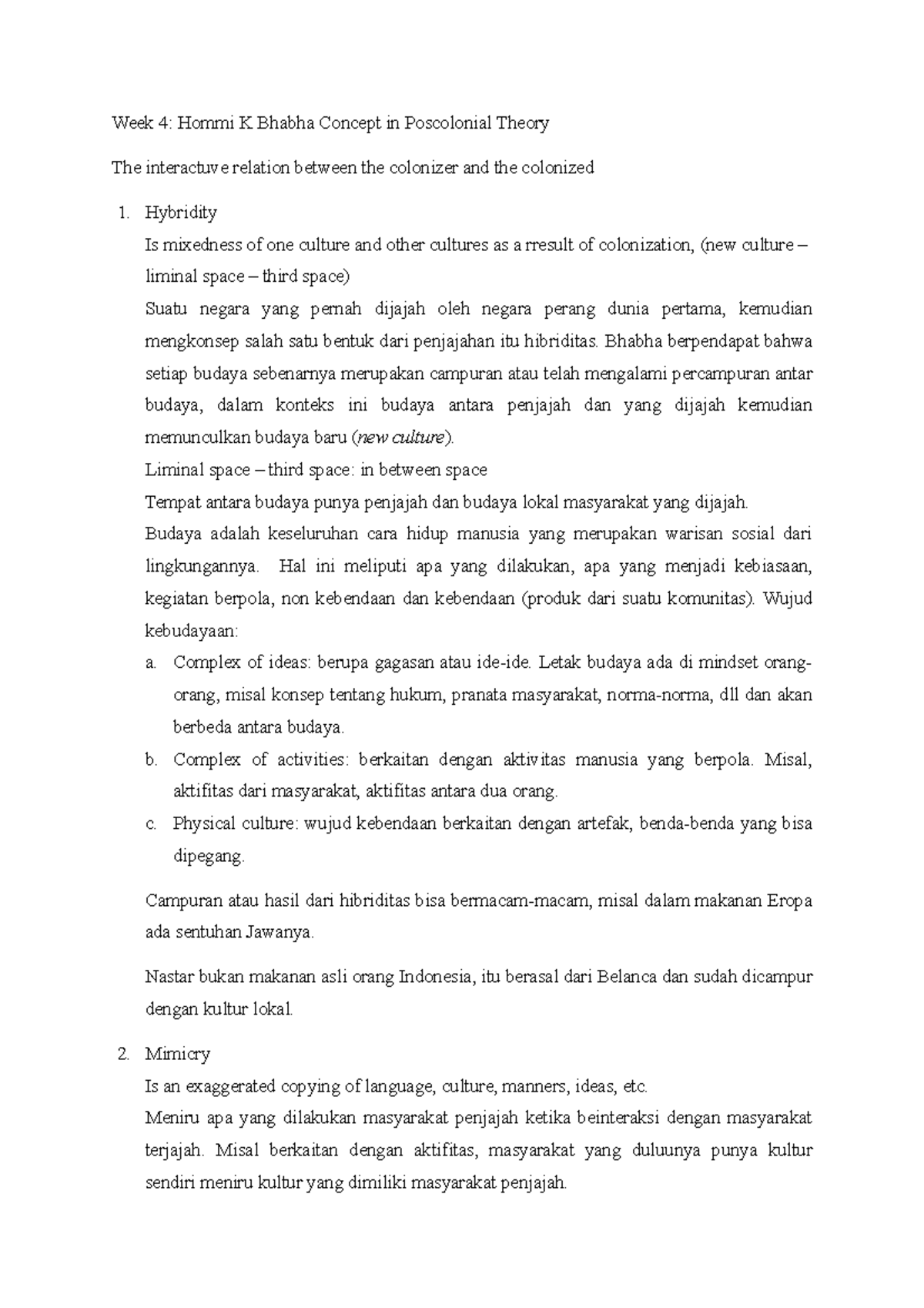 Week 4- Hommi K Bhabha Concept in Poscolonial Theory - Bhabha ...