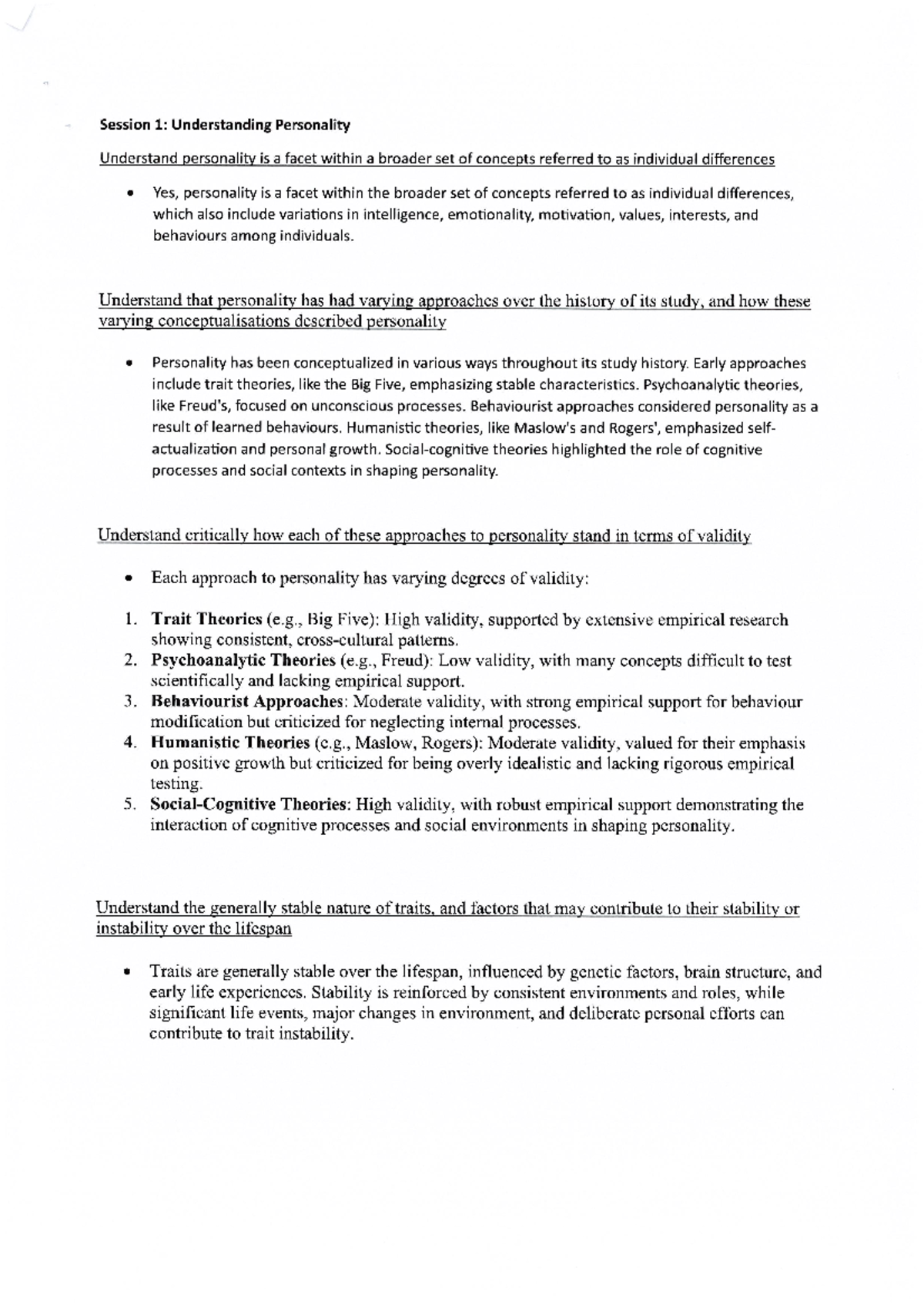 PSY391 notes 1 - Session 1: Understanding Personality Understand ...