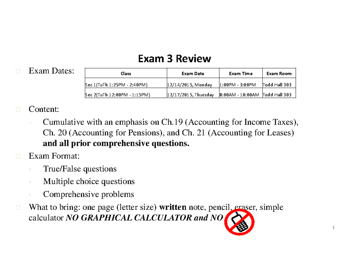 Exam 3 Review Slides - Exam 3 Review 1 Exam Dates: Content: Cumulative ...