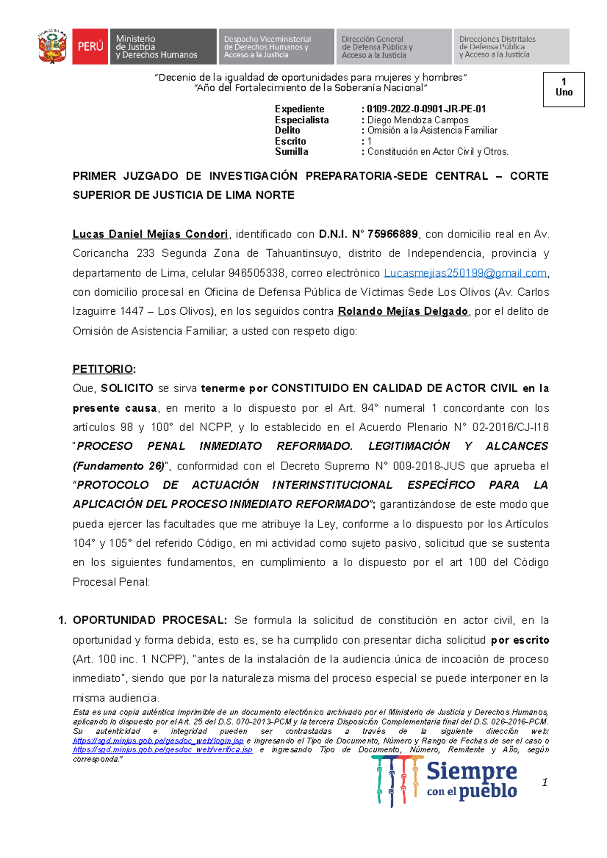 Escrito 1- Apersonamiento y Constitución en Actor Civil - Exp 109-2022 ...