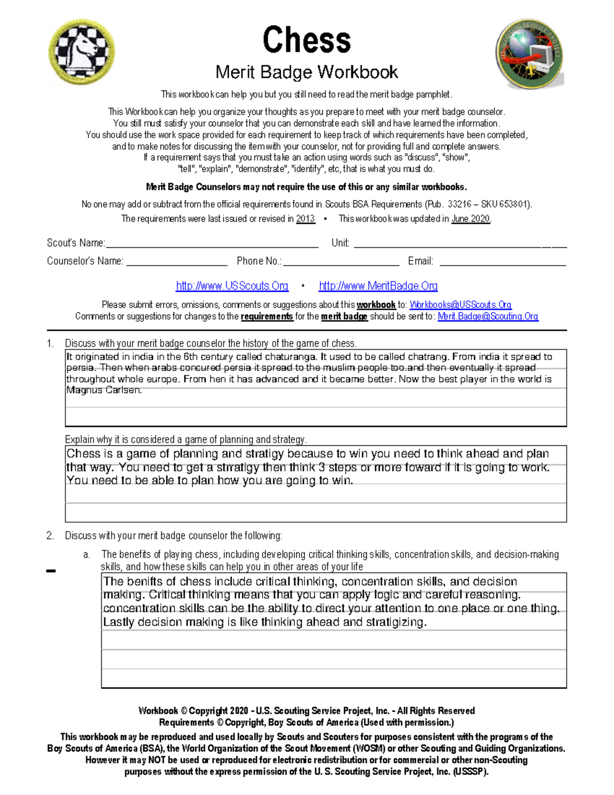 Chess DONE - ssss - Chess Merit Badge Workbook This workbook can help ...