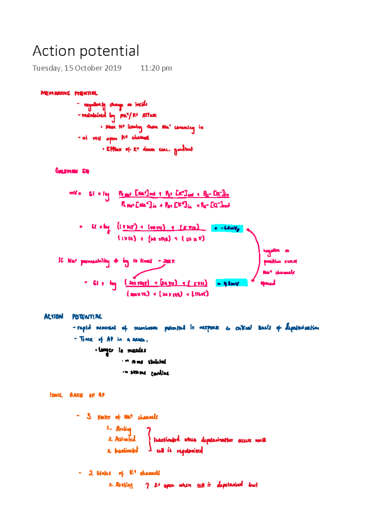 The Action potential Physiology lecture notes - PHYL2001 - Action ...
