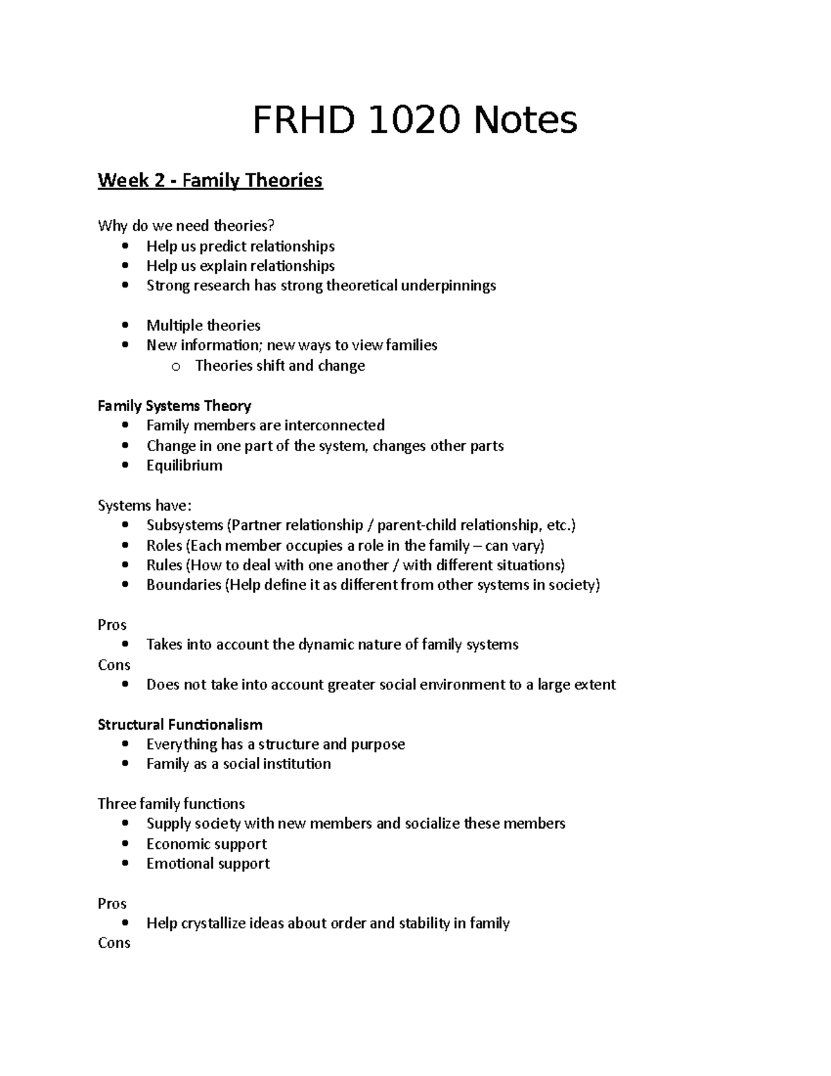 FRHD 1020 Notes - FRHD 1020 Notes Week 2 Family Theories Why do we need ...