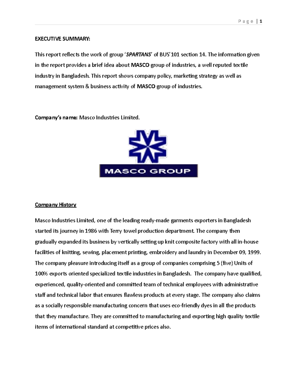 Masco Group Report@ majors - EXECUTIVE SUMMARY: This report reflects ...