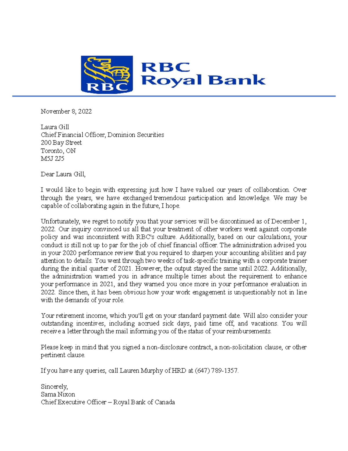 CCC- Negative News Letter - November 8, 2022 Laura Gill Chief Financial ...