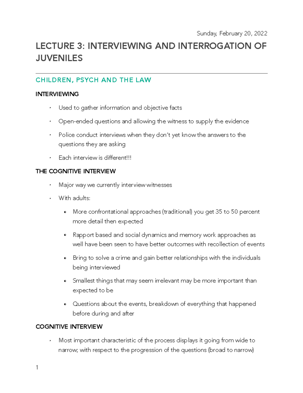 Lecture 3 interviewing and interrogation of juveniles - LECTURE 3 ...