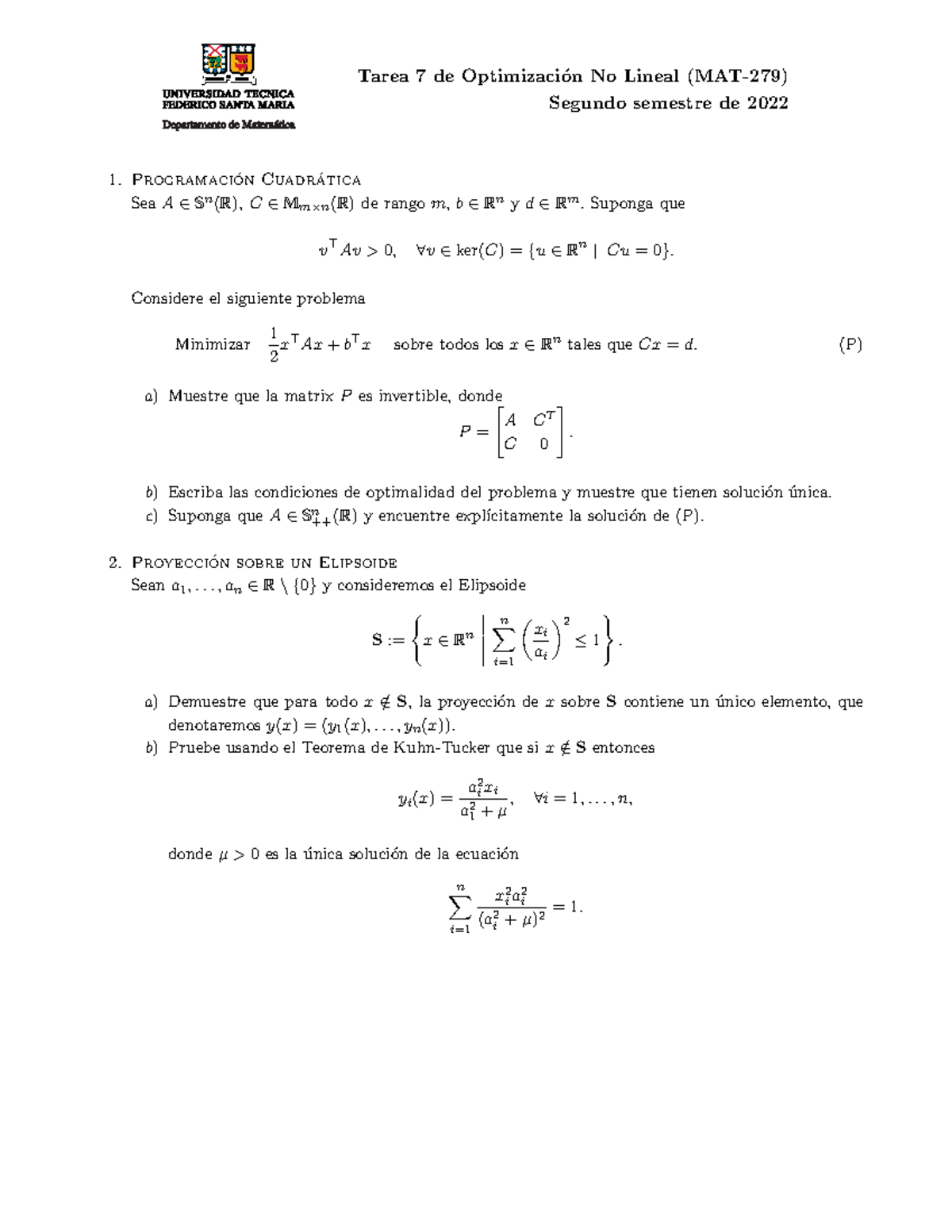 Tarea 7 MAT-229 2022-2 - Tarea 7 de Optimizaci ́on No Lineal (MAT-279) Segundo semestre de 2022 ...