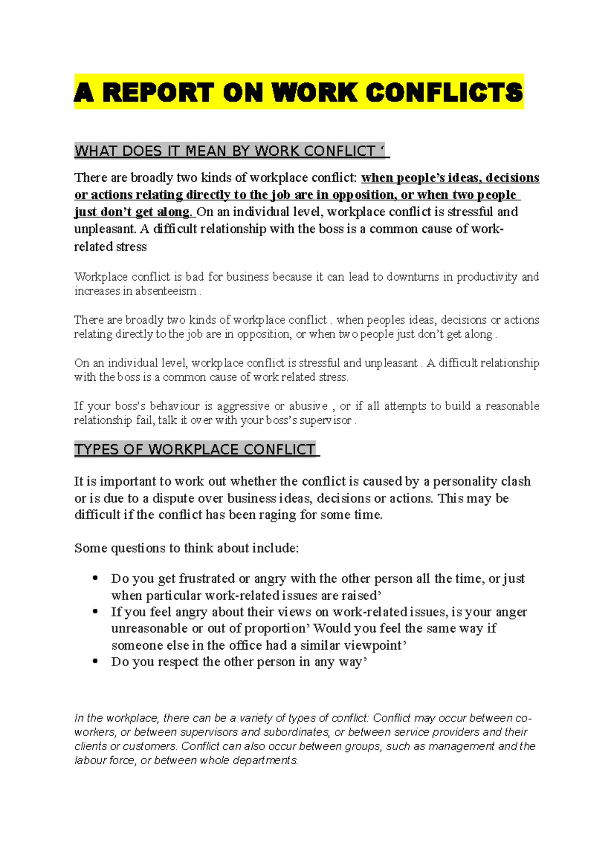 A Report ON WORK Conflicts - A REPORT ON WORK CONFLICTS WHAT DOES IT ...