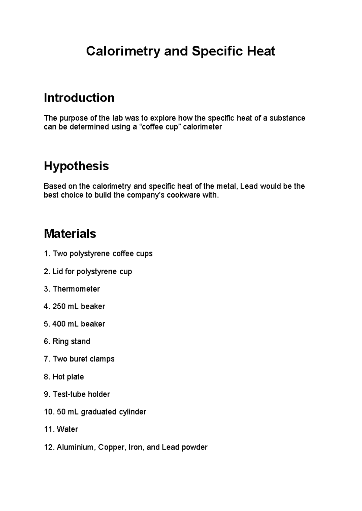 Calorimetry and Specific Heat - Calorimetry and Specific Heat ...
