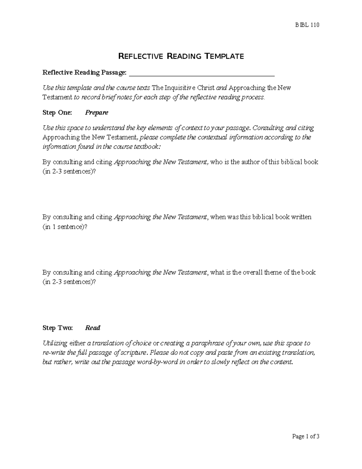 Reflective Reading Template - BIBL 110 REFLECTIVE READING TEMPLATE ...
