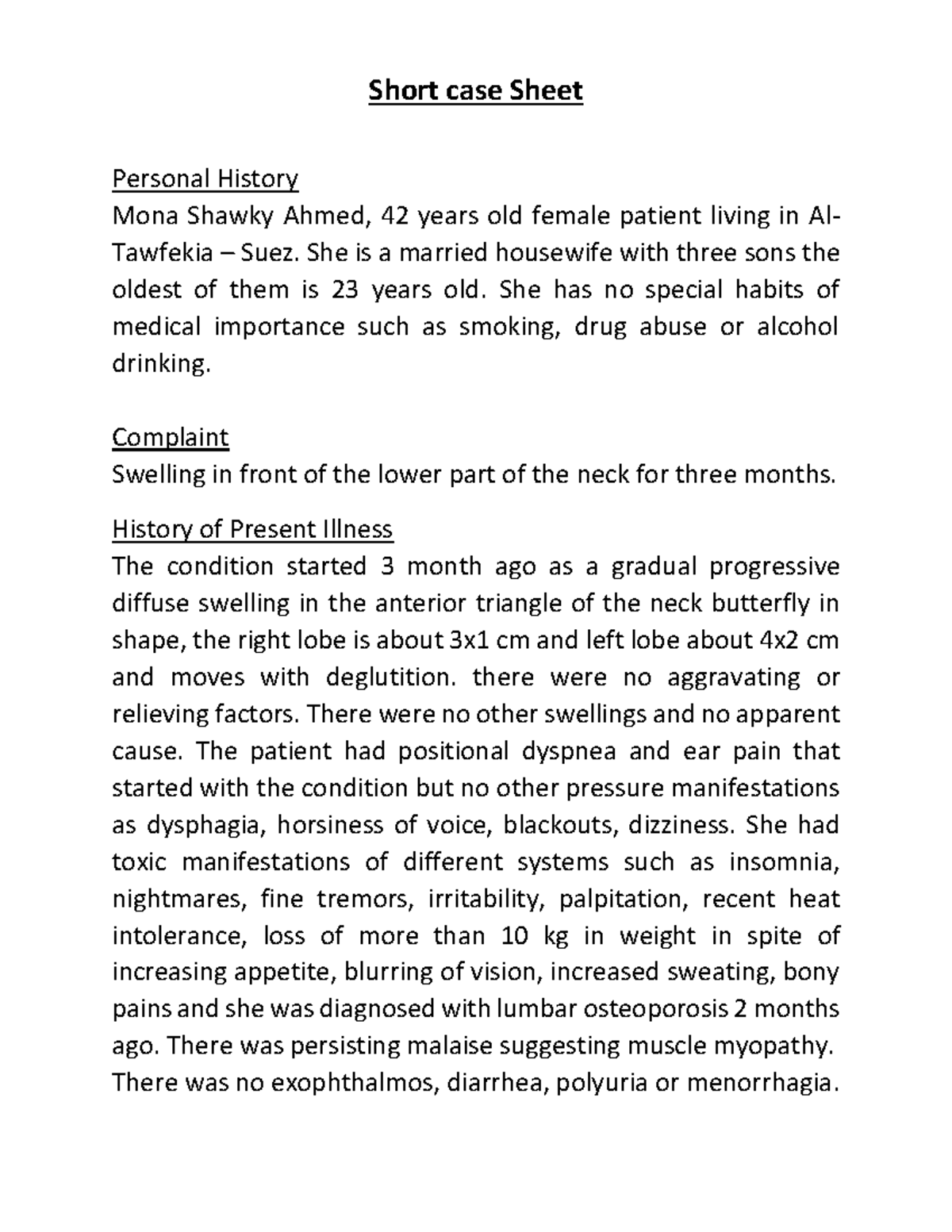 thyroid case study - Short case Sheet Personal History Mona Shawky Ahmed, 42 years old female ...