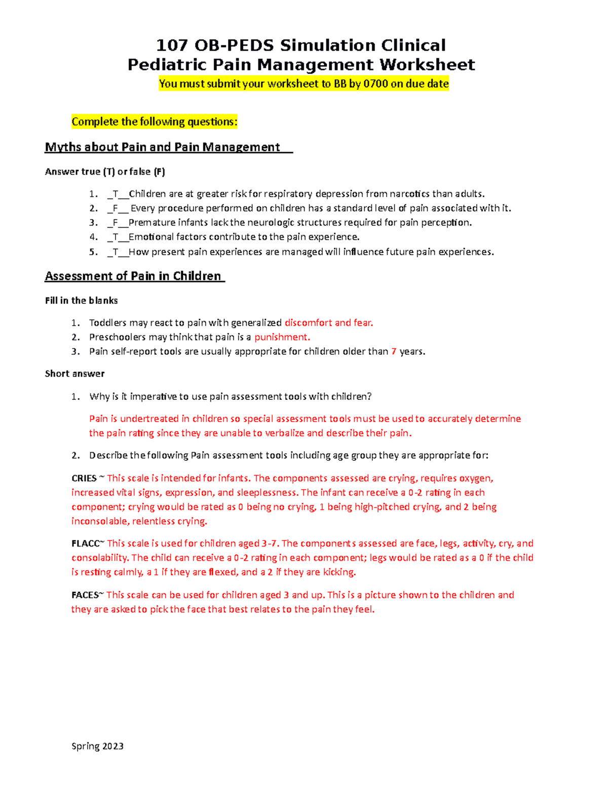 Wrksht 2 PAIN C - 107 Clinical Worksheets - 107 OB-PEDS Simulation ...